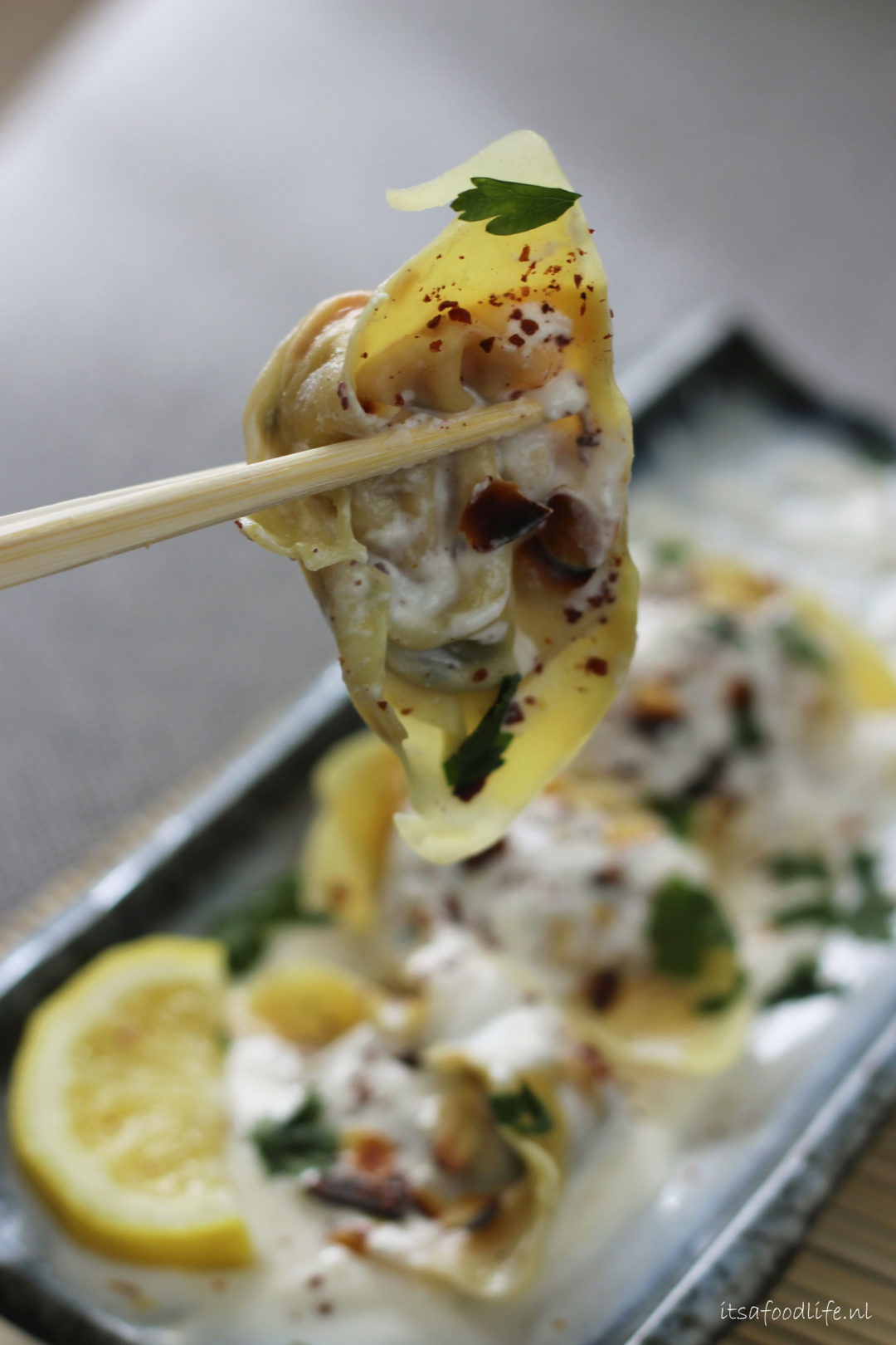Dumplings met pompoen, zongedroogde tomaat en yoghurtsaus - It's a food ...